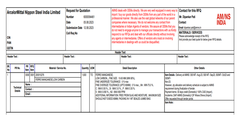 AM/NS India floats purchase tender for 1,600 t of ferro manganese ...
